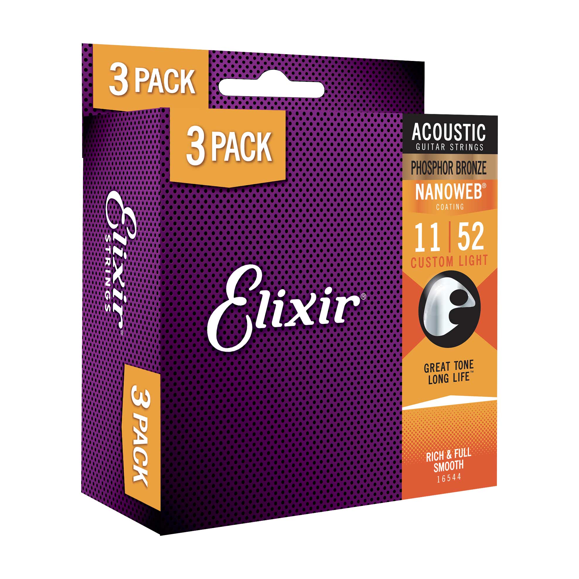 Elixir 3 Pack Acoustic Nanoweb Phosphor Bronze Custom Light (11-52 ...