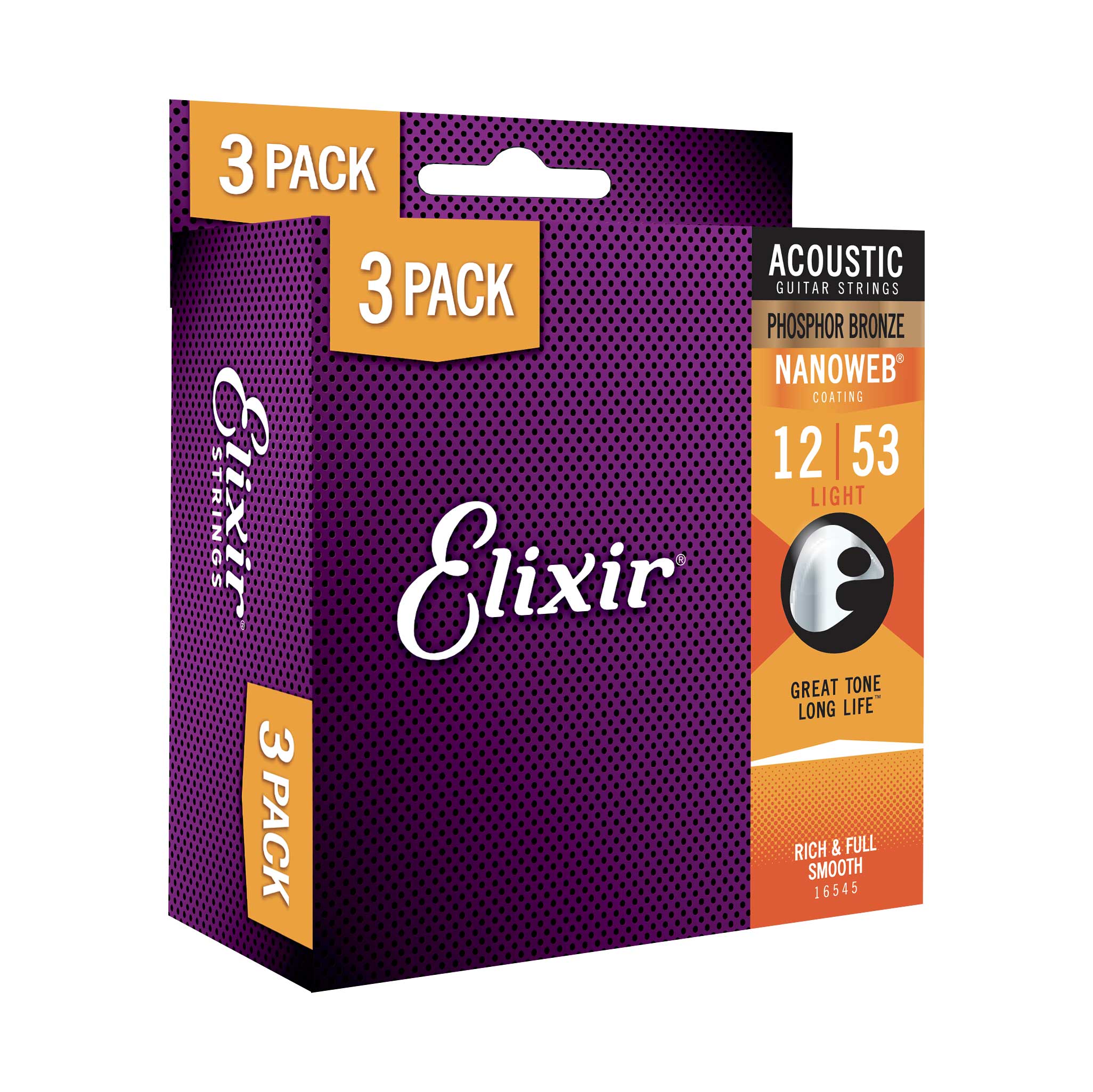 Elixir 3 Pack Acoustic Nanoweb Phosphor Bronze Light (12-53) | guitarguitar